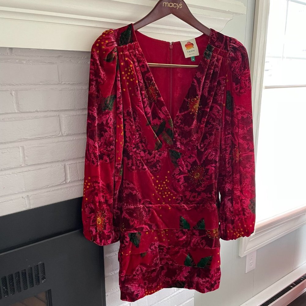 Farm Rio Red Shiny Flower Mini Dress Xs Size 0-2 - Gem